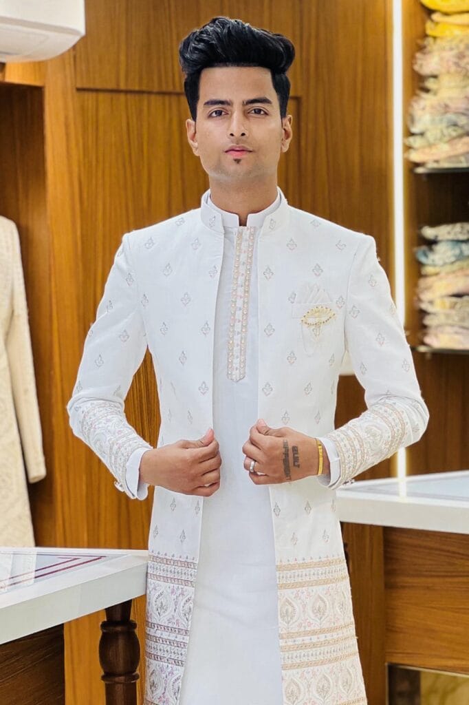 3 Piece White Royale Indowestren - MAYUR Vision In Design